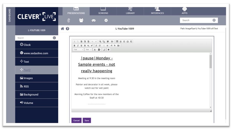 Clevertouch | CleverLive | Editing Rolling Text zone – Clevertouch Support
